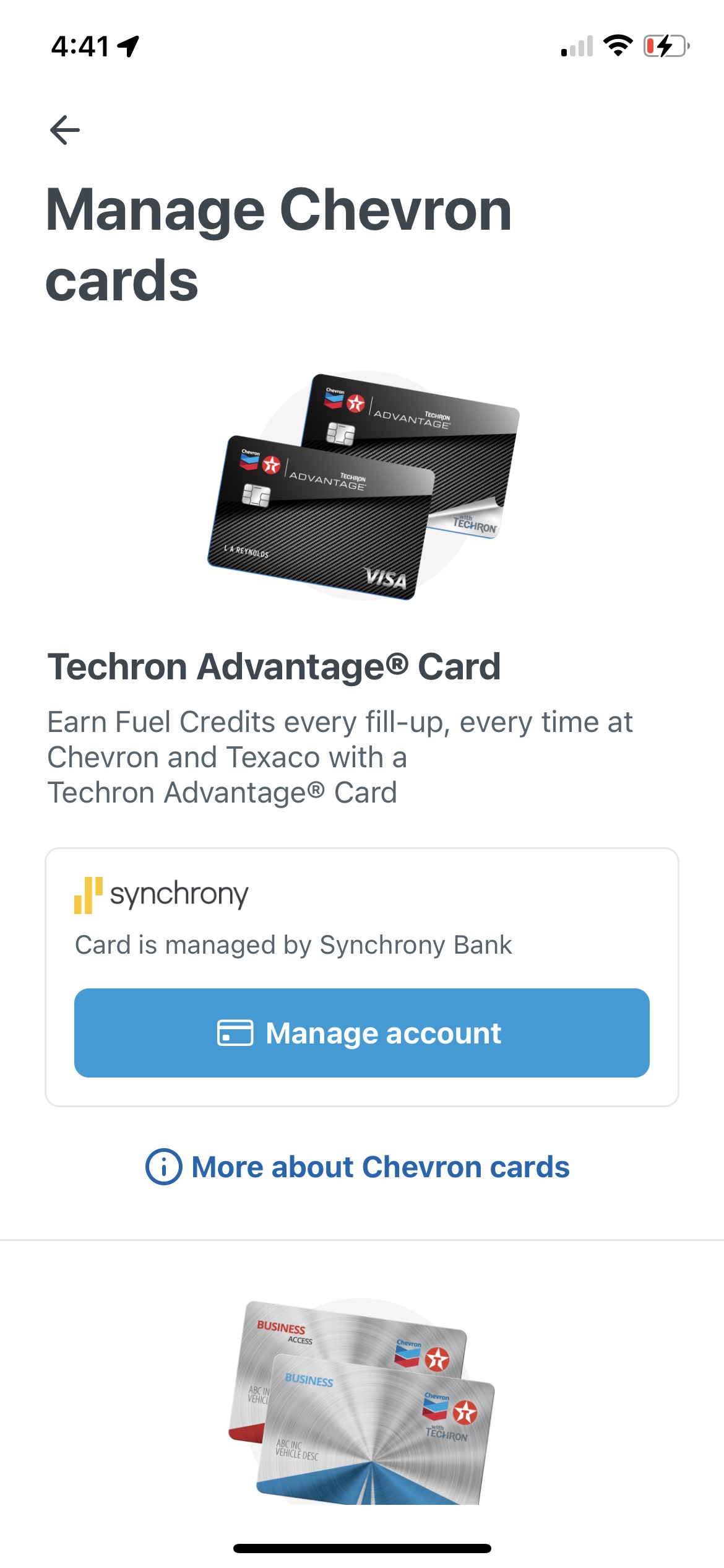 Where can customers manage their Techron Advantage Card?